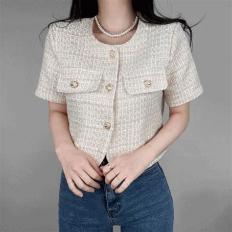 [저렴한가격 고퀄리티]트위드 노카라 라운드 금장 반팔 자켓 여름 하객룩 포인트 숏 크롭 에이블리