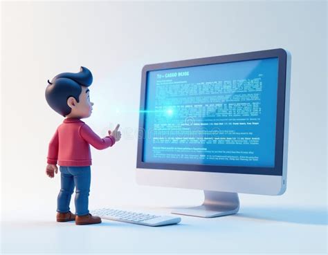 3D Cartoon Boy Interacting With Computer Code On Screen Stock