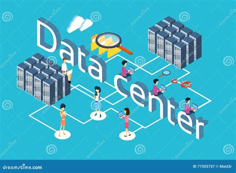 People Group Using Gadgets Database Server Search Data Center 3d Isometric Design Stock Vector