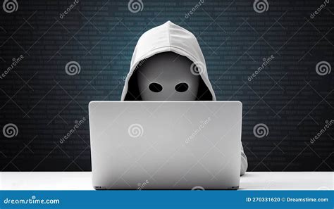 Cute Anonymous Hacker With White Hoodie Typing Computer Laptop Concept