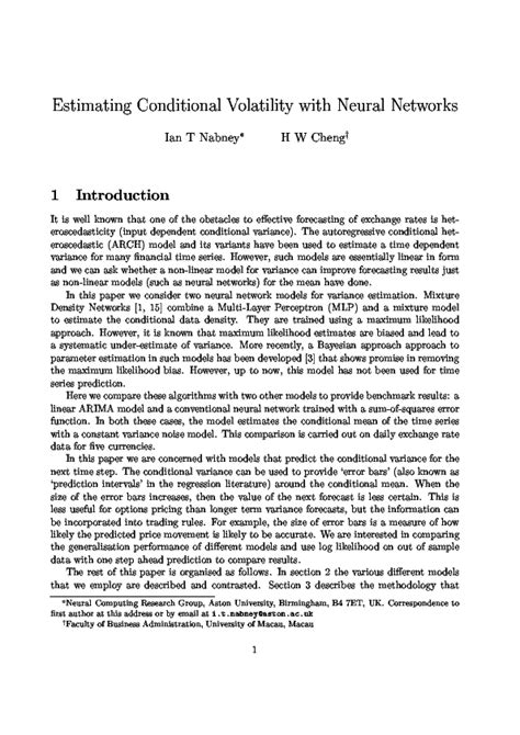 Pdf Estimating Conditional Volatility With Neural Networks