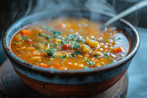 Premium Photo A Bowl Of Soup With A Spoon In It And Steam Rising Off