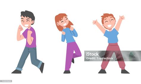 성공 또는 성취를 축하하는 행복한 미소 짓는 아이들 세트 만화 벡터 일러스트 레이 션 경쟁에 대한 스톡 벡터 아트 및 기타 이미지 경쟁 고등학교 이하 긍정적인 감정