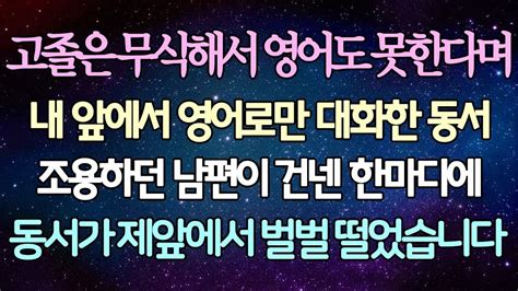 반전 사연 고졸은 무식해서 영어도 못한다며 내 앞에서 영어로만 대화한 동서 조용하던 남편이 건넨 한마디에 동서가 제 앞에서 벌벌 떨었습니다 사이다사연라디오드라마