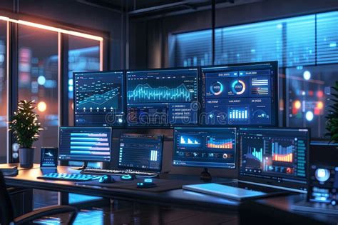 A Modern Office With Multiple Computer Screens Displaying Data