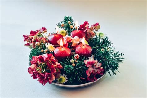 Four Red Advent Candles On Round Wreath 4 Candles Burning Isolated