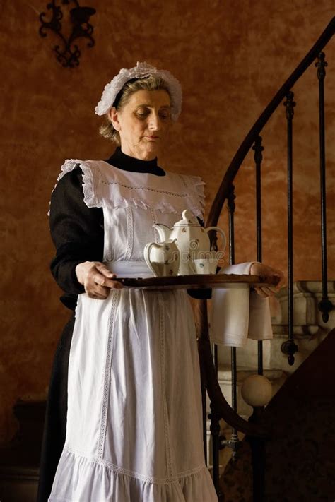 Victorian Chambermaid With Tea Tray Stock Image Image Of Apron
