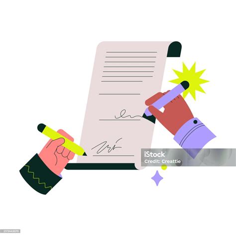 서명 문서 계약 법적 거래 및 비즈니스 협상을 상징하는 평면 벡터 일러스트 레이 션에서 펜을 들고 손 서명 쓰기에 대한 스톡 벡터 아트 및 기타 이미지 Istock