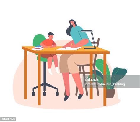 행복한 가족 학습 수업 함께 엄마는 학교 아동 교육을위한 어린 소년을 준비합니다 어머니 튜터 지원 아들 만들기에 대한 스톡 벡터