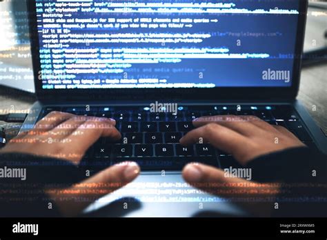 Hands Code Overlay And Laptop Typing With Cybersecurity Hacker And