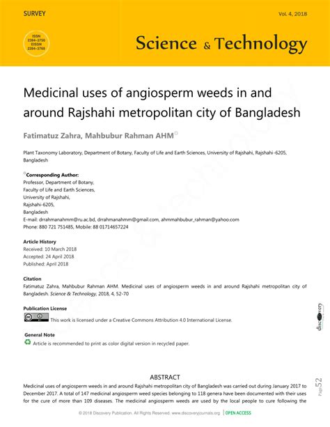 Pdf Medicinal Uses Of Angiosperm Weeds In And Around Rajshahi