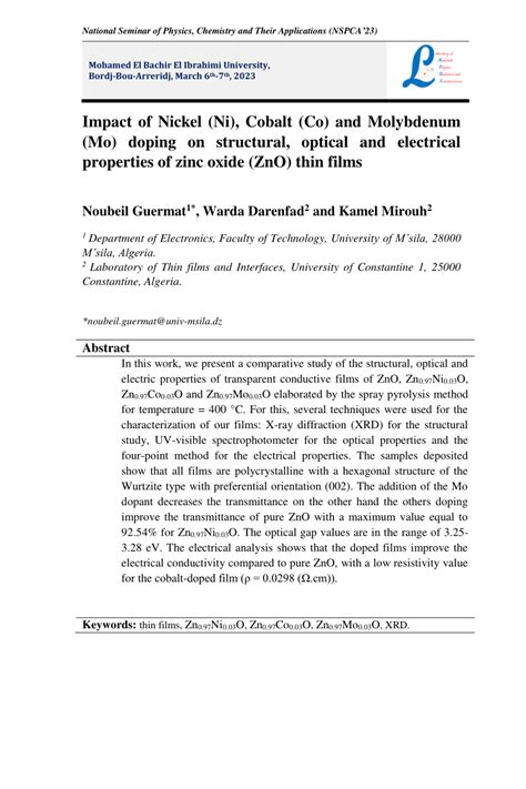 Pdf Impact Of Nickel Ni Cobalt Co And Molybdenum Mo Doping On Structural Optical And