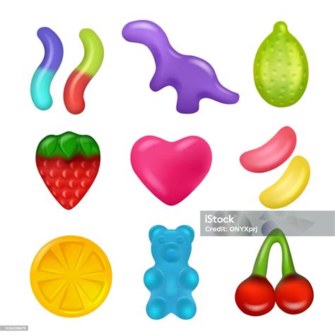 젤리 사탕 재미있는 형태의 젤라틴 맛있는 제품 물고기 구미 곰 체리 괜찮은 벡터 아이들을위한 간식의 현실적인 사진 맛있는 사탕 젤리 음식의 그림 사탕에 대한 스톡 벡터 아트