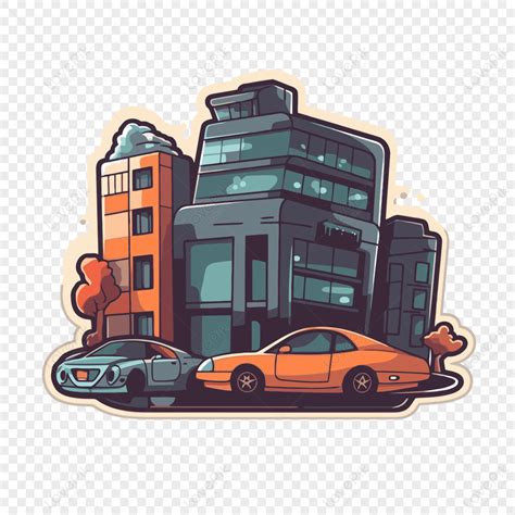 만화 스타일의 건물과 도시가 있는 자동차 클립 아트 벡터상표 Png 일러스트 무료 다운로드 Lovepik