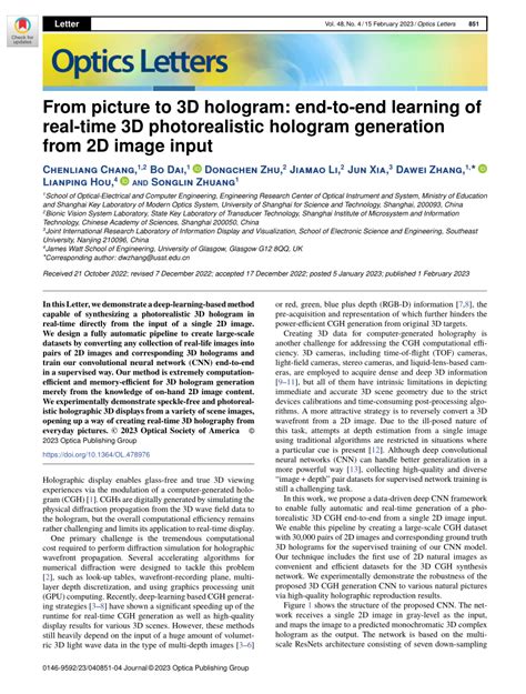 from picture to 3d hologram end to end learning of real time 3d