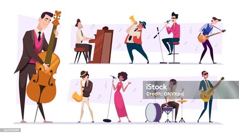 재즈 밴드 기타 색소폰과 피아노 퍼포먼스 맨즈 정확한 벡터 세트에서 연주하는 만화 뮤지션 캐릭터 Performance Group에 대한 스톡 벡터 아트 및 기타 이미지