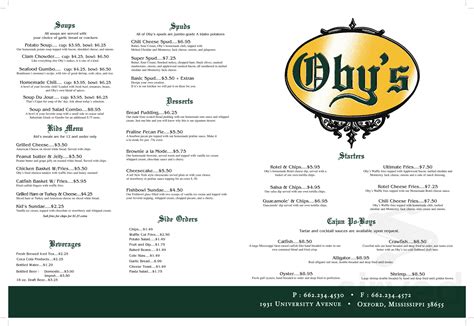 Oby S Of Oxford Menus In Oxford Mississippi United States