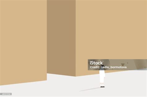 공간 개념 그림을 복사 합니다 높은 벽 옆에 서 있는 편집 가능한 젊은 여자의 뒷면 벡터 일러스트 클립 아트 고독 부정적인 감정