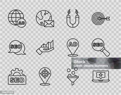 세트 라인 Seo 최적화 스타 자석 대상 광고 원형 차트 인포그래픽 리드 관리 및 아이콘이 있는 랩톱 벡터 1위에 대한 스톡 벡터 아트 및 기타 이미지 Istock