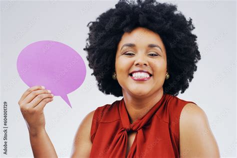 Happy Woman Portrait Smile And Holding Speech Bubble For Question Faq