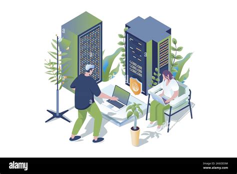 Data Center Web Concept In 3d Isometric Design People Working In
