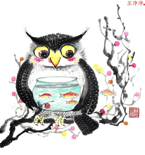 36幅萌趣水墨猫头鹰系列插画 用水墨画猫头鹰纯艺术绘画画儿晴天原创作品 站酷zcool