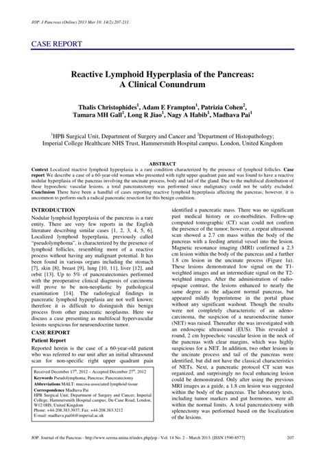 Pdf Reactive Lymphoid Hyperplasia Of The Pancreas A Clinical Conundrum