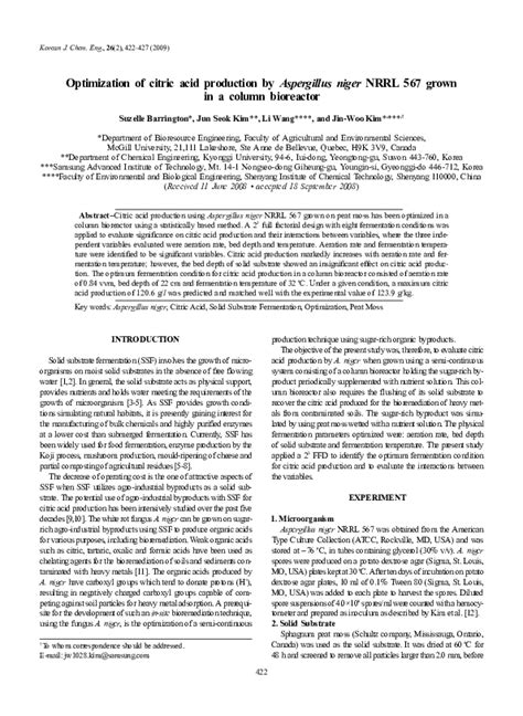 Pdf Optimization Of Citric Acid Production By Aspergillus Niger Nrrl