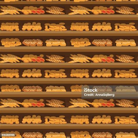 슈퍼마켓 식품이 게 인테리어 저장소 벡터 일러스트 레이 션에에서 신선한 제품 판매의 큰 선택에서에서 빵과 원활한 패턴 빵집 선반