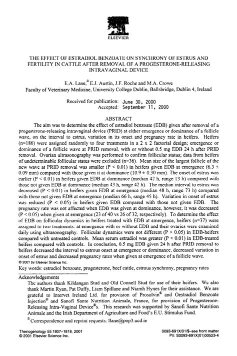 Pdf The Effect Of Estradiol Benzoate On Synchrony Of Estrus And Fertility In Cattle After