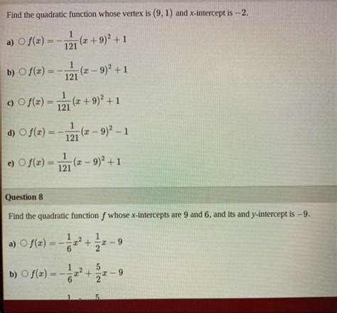 solved find the quadratic function whose vertex is 9 1
