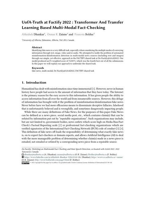 Pdf Uofa Truth At Factify 2022 Transformer And Transfer Learning Based Multi Modal Fact Checking