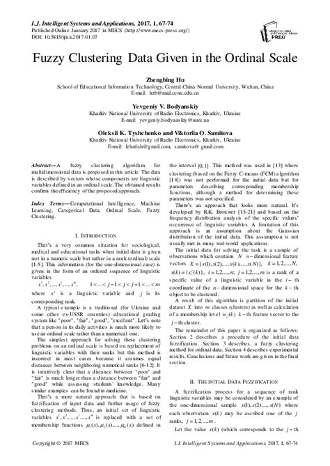 Pdf Fuzzy Clustering For Ordinal Scale Data