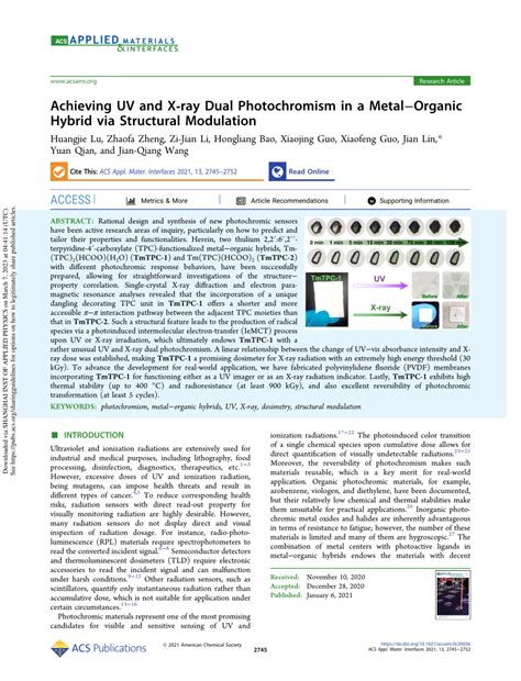 Pdf Achieving Uv And X Ray Dual Photochromism In A Metal−organic Hybrid Via Structural Modulation