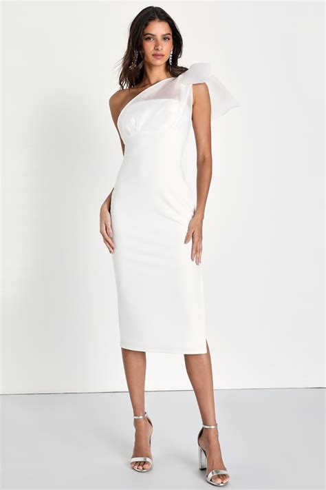 Ivory Bodycon Dress Organza One Shoulder Dress Midi Dress Lulus