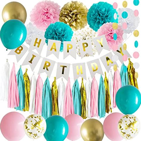 Ansomo Teal Blue And Pink Happy Birthday Party Decorations White Blush