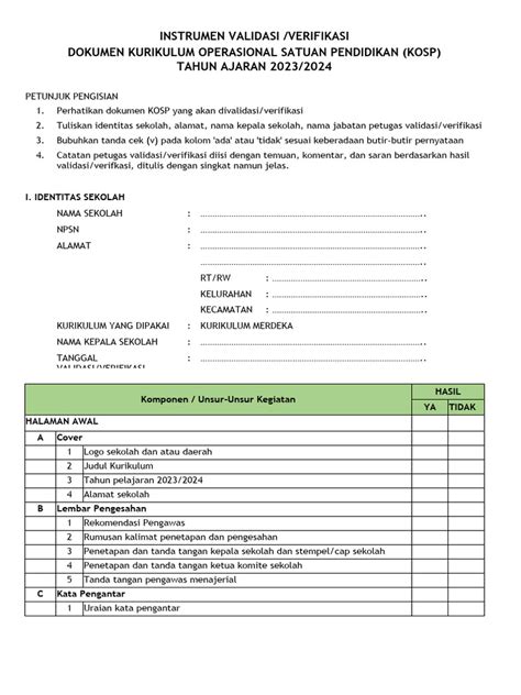 Instrumen Verifikasi Ktsp Kosp Pdf Bisnis Seni