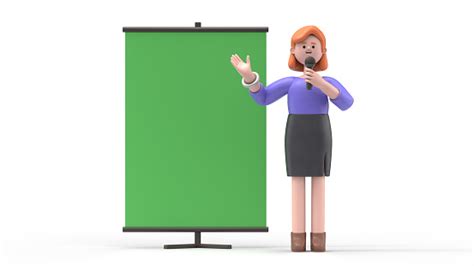 그린 스크린 모형 형식 16 9 3d 만화 캐릭터의 그림은 녹색 빈 배너를 들고 녹색 화면에 손을 흔들며 푸티지와 클리핑 경로를 만듭니다 그린 스크린 모형 형식 1693d