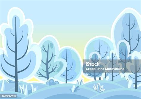 평평한 겨울 숲 눈이 덮인 나무가있는 아름다운 서리가 내린 풍경 해돋이 간단한 상징적 인 스타일로 그림 재미있는 장면 만화