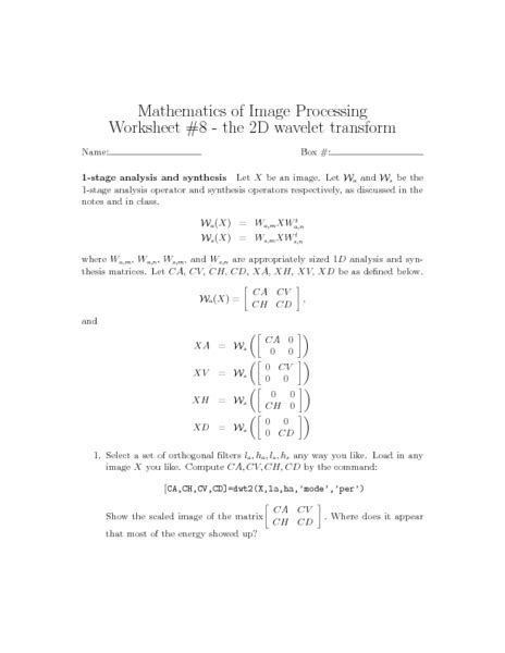 2d Wavelet Transform Worksheet For 12th Higher Ed Lesson Planet