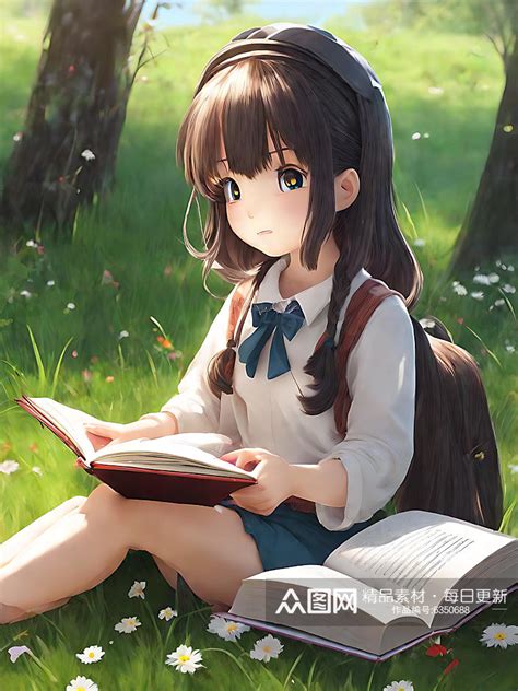 动漫风坐在草地上看书的女孩ai数字艺术素材下载 众图网