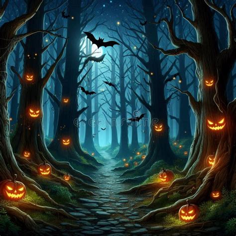 A Mysterious Forest At Dusk With Towering Trees And Glowing Jack O