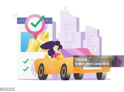 자동차 자동차 도시 Gps 위치 위치 핀 포인터 모바일 앱 또는 자동차 대여 및 공유 위치 온라인 개념 벡터 평면 만화 마을