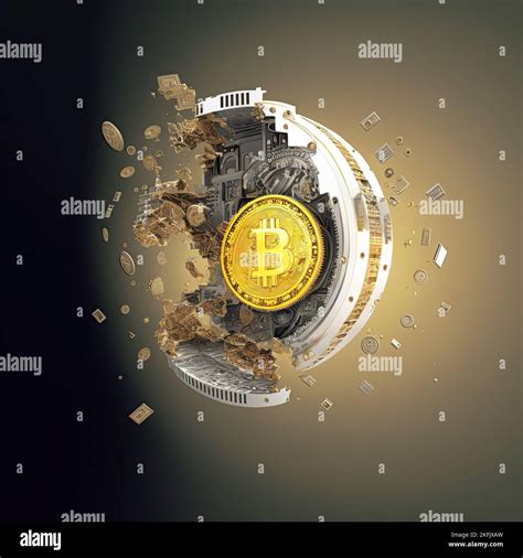 Bitcoin Explodes As A Clock Spreading Broken Pieces And Gears Concept