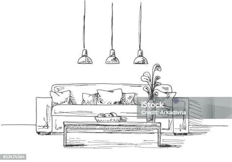 소파 베개와 함께 테이블에 꽃병 테이블 위에 3 개의 낮은 교수형 램프입니다 그려진된 벡터 일러스트 레이 션 스케치 스타일의 손 가정 생활에 대한 스톡 벡터 아트 및 기타