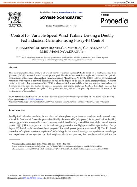 pdf control for variable speed wind turbine driving a doubly fed