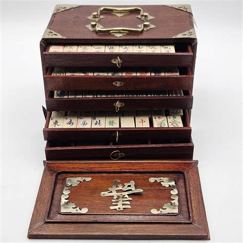 Antique Wooden Mah Jong Set From 1920s W Rare Brass Character Wooden