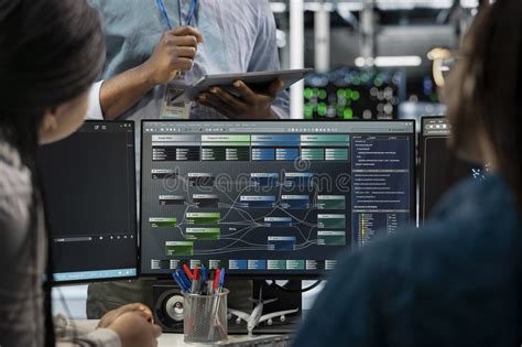 Close Up Of Data Center Programmers Using Pc To Visualize Ai Neural