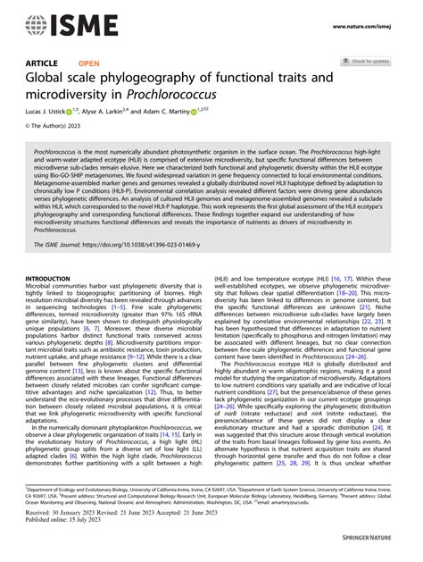 Pdf Global Scale Phylogeography Of Functional Traits And Microdiversity In Prochlorococcus