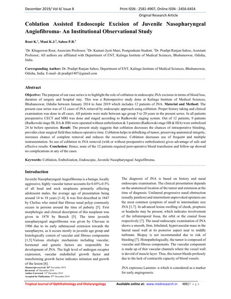 Pdf Coblation Assisted Endoscopic Excision Of Juvenile Nasopharyngeal Angiofibroma An